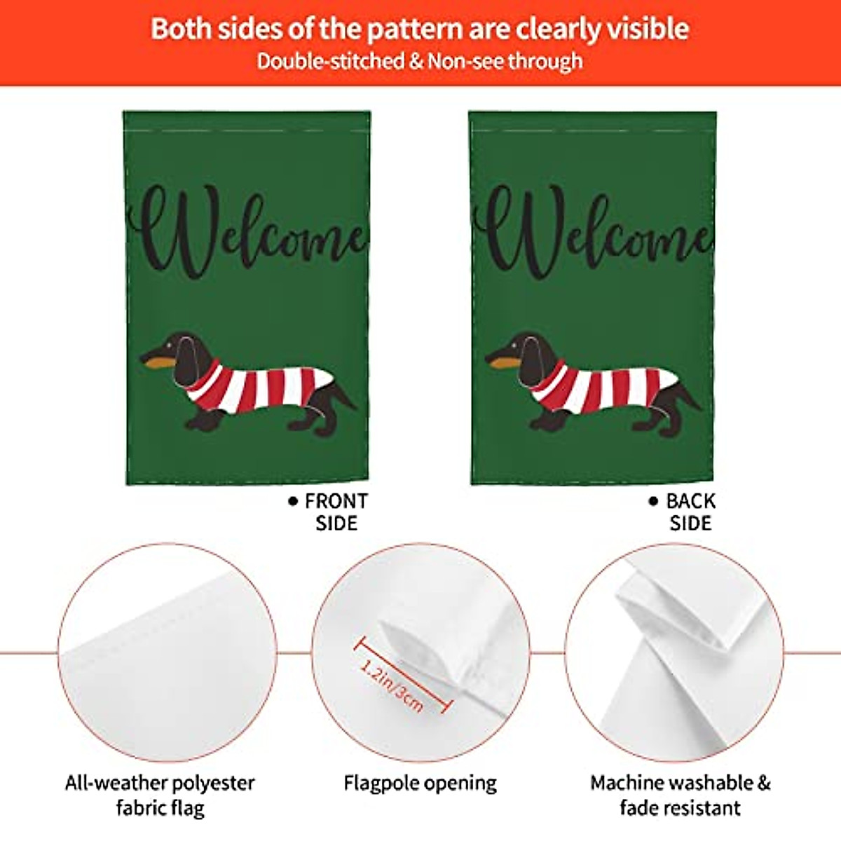 Garden Flags Dachshund Wearing Striped Sweater Premium Yard Flag Cute Pet Animal Dog Green Background Design Holiday Party Flag Outdoor Farmhouse Decor Home Porch Flags 12 x 18inch