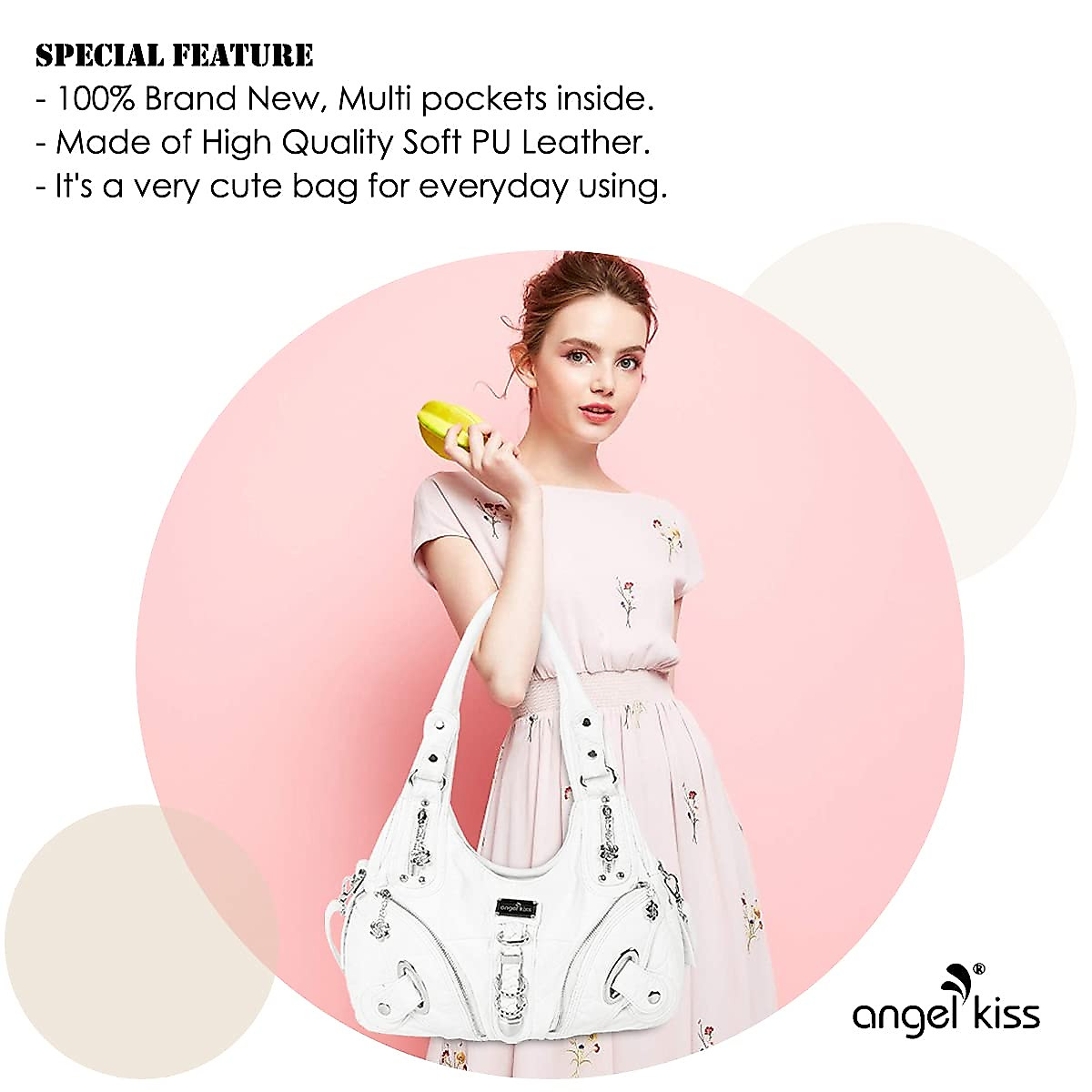 Angelkiss Women Multiple Pockets Purses and Handbags Washed Leather, Two Top Zippers Closure, White