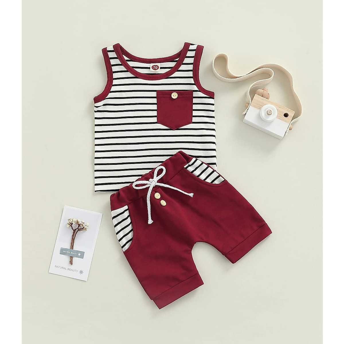 Toddler Baby Boy Summer Outfits Shorts Solid Short Sleeve T-Shirt Tops Casual Clothes Set (Brick Red, 18-24 Months)