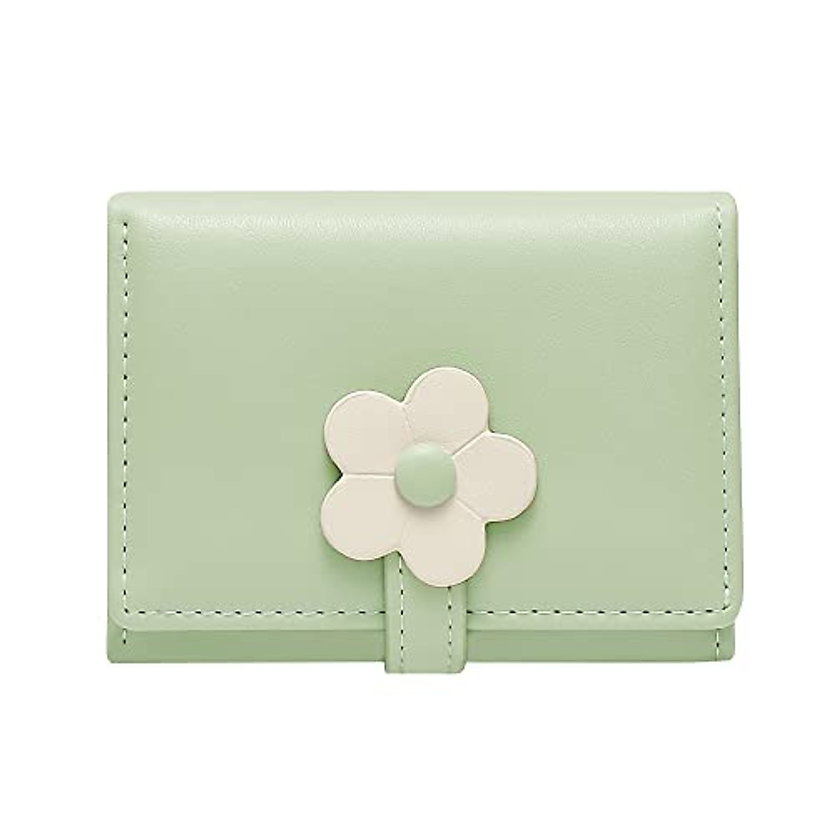 Sunwel Fashion Small Cute Trifold Wallet Slim Wallet ID/Photo Window Card Holder with 3D Flower Pattern Buckle for Women Girls (GREEN)
