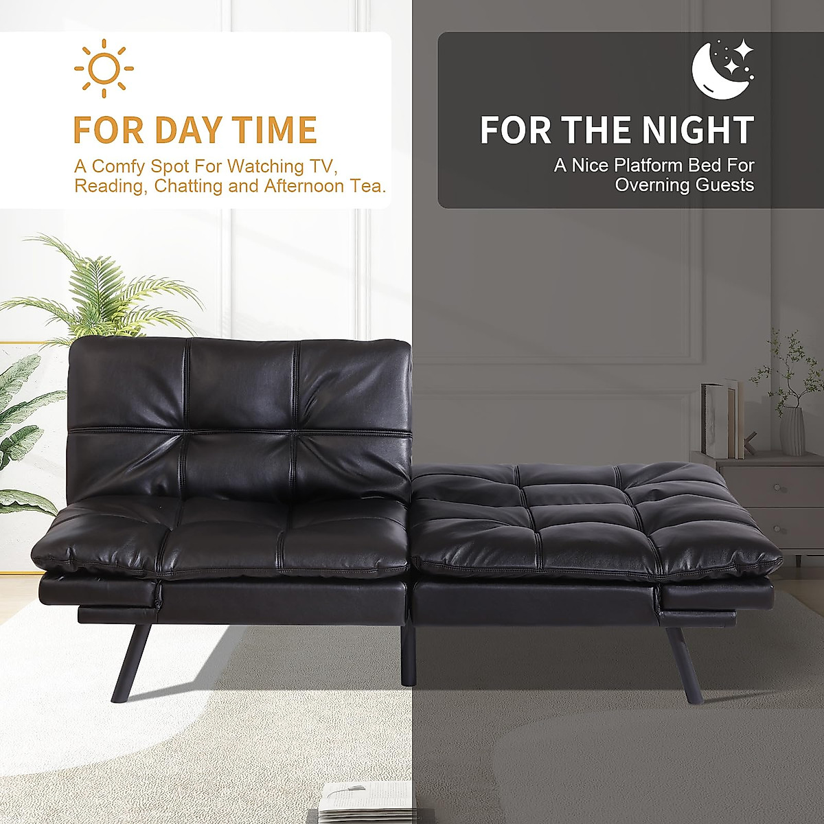 MUUEGM 71" Memory Foam Futon Sofa Bed, Couch with Adjustable Backrests and Armrests, Modern Futon Loveseat for Living Room, Game Room, Small Room Leather Sofa Bed Black