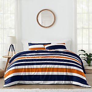Sweet Jojo Designs Navy Blue, Orange and White Childrens, Teen 3 Piece Full/Queen Boys Stripe Bedding Set Collection