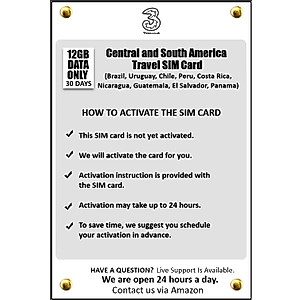 Central and South America Prepaid Travel SIM Card by 3UK. 12GB Data only for 30 Days. We Must Activate The SIM Card.