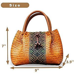 QTKJ Beach Bag for Women, Handmade Rattan Tote Bag, Leather Handle, Boho Retro pattern Straw Woven Handbag, Large Summer Beach Vacation Bag (Khaki)