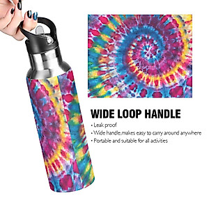 Bright Colorful Tie Leak Free Insulated Bottles with Handle 32 oz Vaccuum Bottle with Straw Lid Thermal Bottle for Hiking Biking BAP-Free