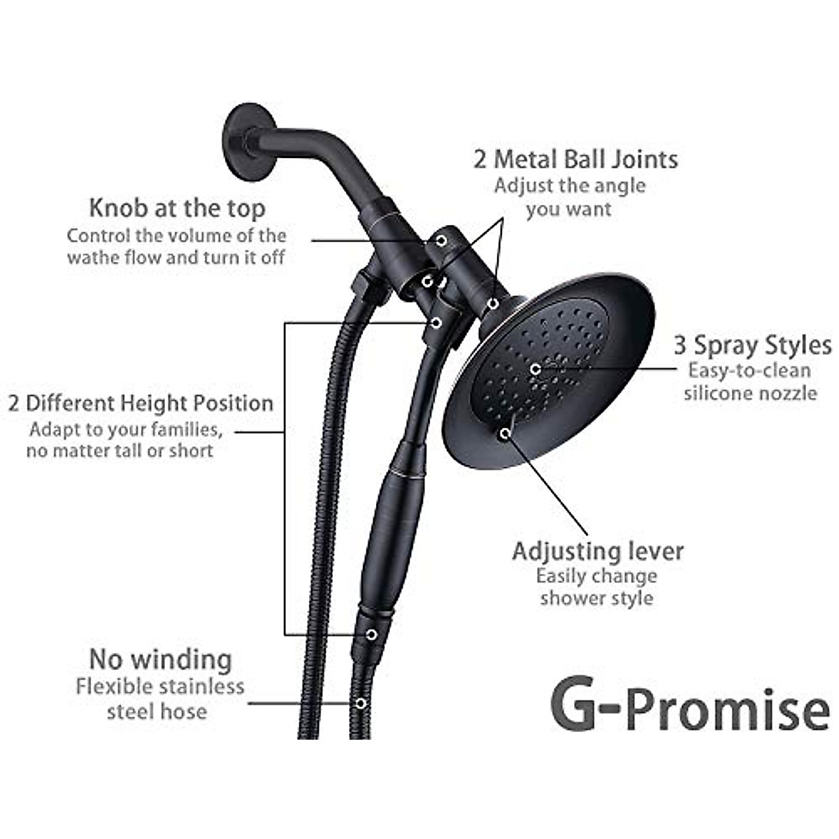 G-Promise Double Height Positioning Shower Head, High Pressure Shower Heads with Handheld Spray, Adjustable Metal Holder, Extra Long Stainless Steel Flexible Hose