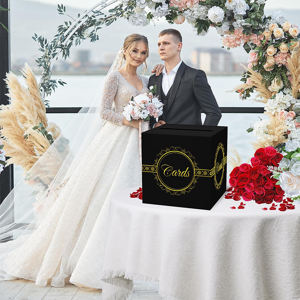 WNINK Black Card Box with Gold Foil Design, Gift Cards Receiving Box for Birthdays Party, Wedding Receptions, Bridal & Baby Showers, Graduations, Retirements, Anniversaries