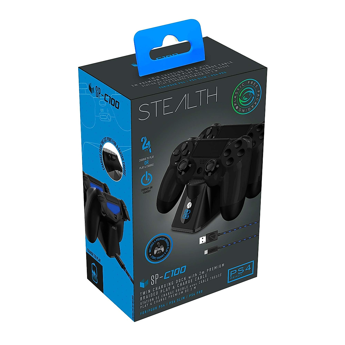Stealth SP-C100 Twin Charging Dock with 2M Play & Charge Cable For PS4 - Black (PS4)