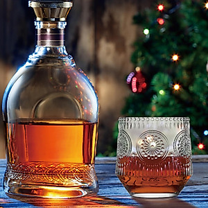 Wongblee Vintage Whiskey Glasses Set of 6, 13.5 OZ Scotch Bourbon Rock Glasses, Old Fashioned Embossed Drinking Cups for Gift, Home Bar, Party