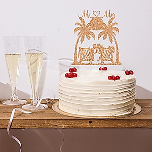 Mr & Mrs Wedding Cake Topper, The Groom Kissing Bride Sit on Chair, Hawaii Beach Sunrise and Sunset Wedding Party Decorations Travel Party, Rose Gold Glitter