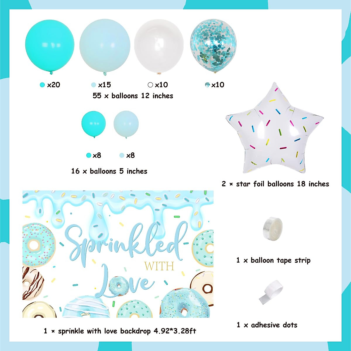 Donut Sprinkle Baby Shower Decorations, Sprinkled with Love Decorations, Blue Baby Sprinkle Balloon Garland Kit Backdrop for Boy Baby Shower Party Supplies