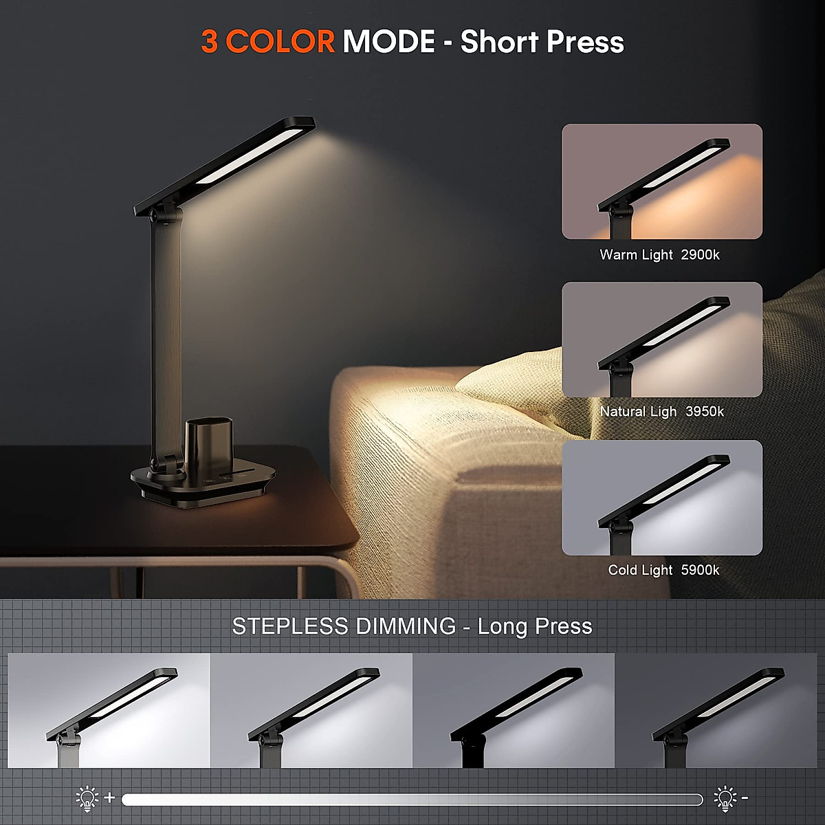 Desk Lamp Desk Light Desk Lamps for Home Office, LED Desk Lamp with USB Charging Port, Touch Control Small Desk Lamp with Pen/ Phone Holder, 3 Color Modes Foldable Study Reading Lamp with 10 Min Timer