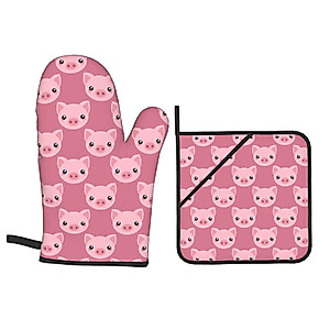 Pink Pig Oven Mitts and Pot Holders Set of 4 Washable Heat Resistant Kitchen Gloves Waterproof Oven Gloves and Hot Pads for Cooking Grilling BBQ Baking