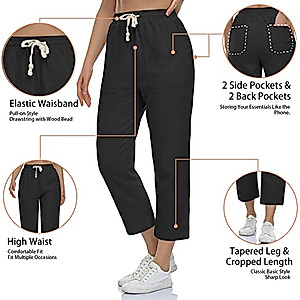 sherelie Linen Pants for Women, Drawstring 4 Pockets High Waisted Lounge Casual Pull-On Beach Pants, Black, XL