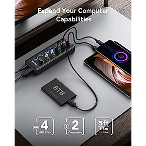Powered USB Hub, Wenter 6-Port USB 3.0 Hub Splitter (4 USB 3.0 Data Ports + 2 QC 3.0 Fast Charging Ports) with Individual LED On/Off Switches, USB Hub 3.0 Powered with 36W AC Adapter for Mac, PC
