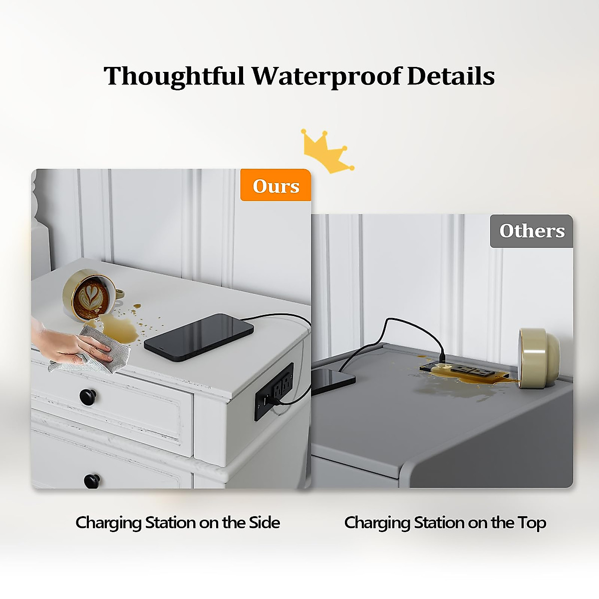 VINGLI White Nightstand Set of 2, 24" W Nightstand with Charging Station, 3 Drawer Nightstand with Textured Drawers, Large Nightstand Wood, Bedroom Nightstand, Bedside Table,Vintage Night Stand