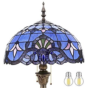 WERFACTORY Tiffany Floor Lamp Blue Purple Baroque Stained Glass Standing Reading Light 16X16X64 Inches Antique Pole Corner Lamp Decor Bedroom Living Room Home Office S003C Series