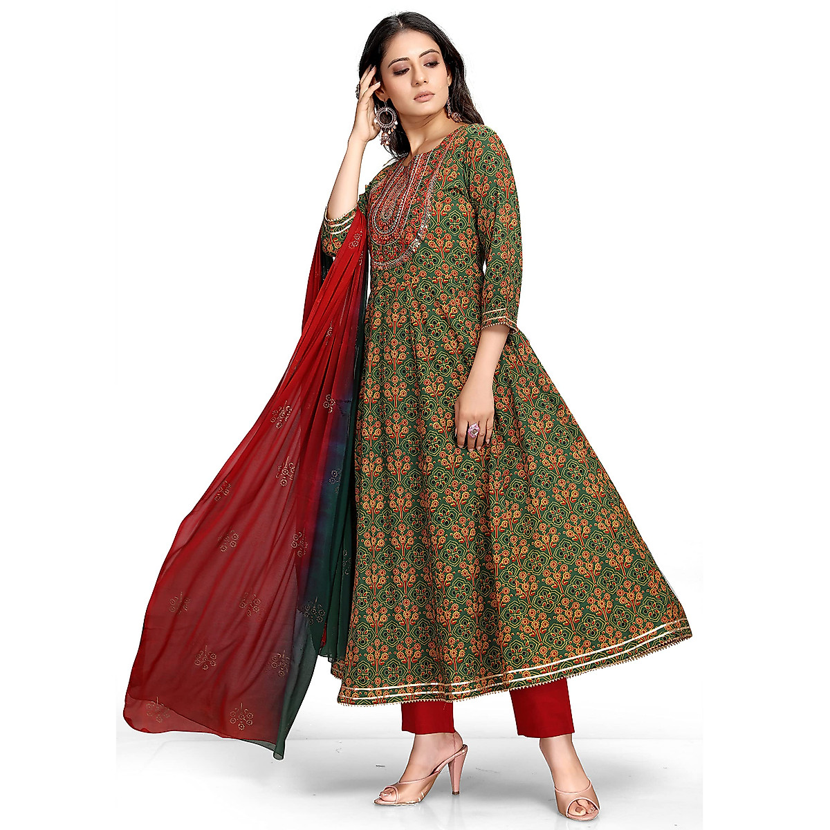 Rajnandini Women's Pure Cambric Cotton Embroidered Kurta Set With Dupatta (JOPLVL213-XXL_Green & Red_XXL)