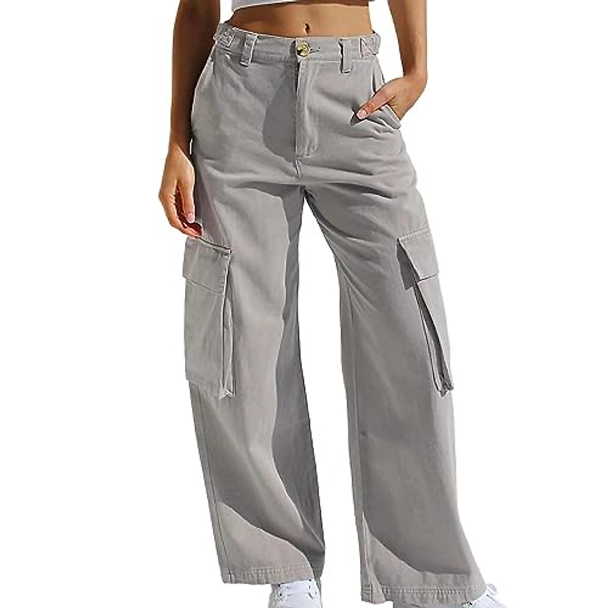 KCaHFO Cargo Pants Women Casual Loose High Waisted Straight Wide Leg Baggy Pants Combat Military Trousers with Pockets Gray