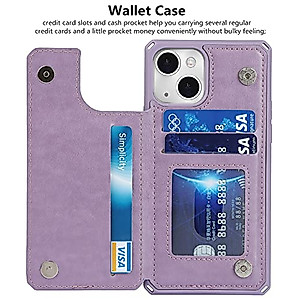 iCoverCase for iPhone 13 Wallet Case with Card Slots Holder Kickstand [RFID Blocking] Embossed Leather Magnetic Shockproof Cover with Wrist Strap (Heart Purple), Purple