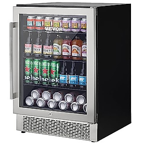 VEVOR Cooler 154 Cans Capacity Refrigerator Under Counter Built-in or Freestanding Beverage Fridge with Blue LED Light, Tempered Glass Door, Child Lock for Drink Soda Wine, Silver