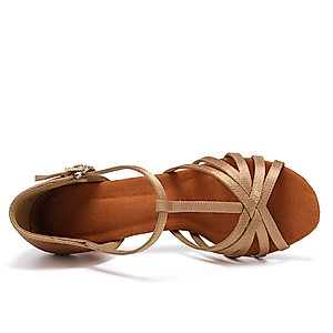 HIPPOSEUS Women's Latin Dance Shoes Light Tan Satin T-strap Ladies Ballroom Salsa Dance Practice Performance Shoes Heel 3inches,Model 217, 8.5 B(M) US