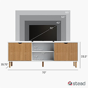 Contemporary Fluted TV Stand - Media Console - 70” Entertainment Center Console Table with Storage for Living Room - Fits 32 to 80" TVs (White and Oak)