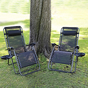 iMounTEK Set of 2 Adjustable Zero-Gravity Reclining Outdoor Lounge Chairs w/Pillows & Cup Holder Side Tray, Supports 330lbs, for Patio, Porch, Deck, Poolside, Beach, Lawn, Yard - Black/Blue/Brown/Tan