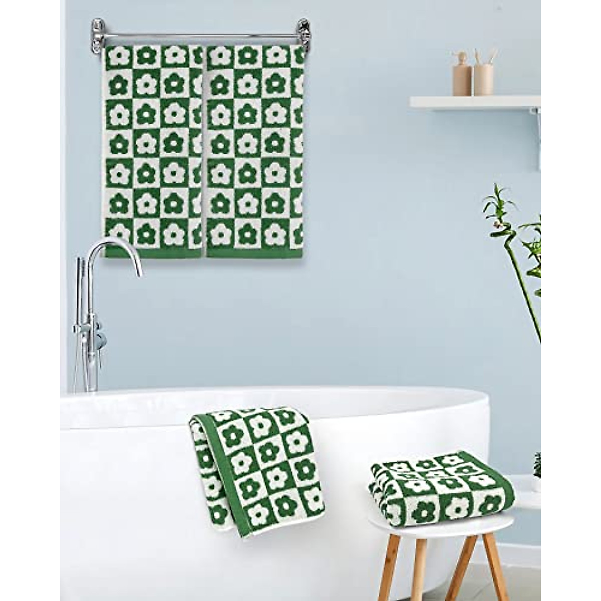 Hand Towels Checkered Floral - Set of 4 Soft Face Towels for Bathroom, Large Size 13” x 29”, Dark Olive Green