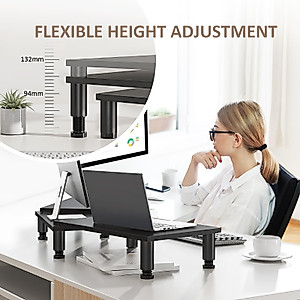 AX Waber Dual Monitor Riser, Adjustable Height Steel Leg Wooden Stand with Storage Space - Black