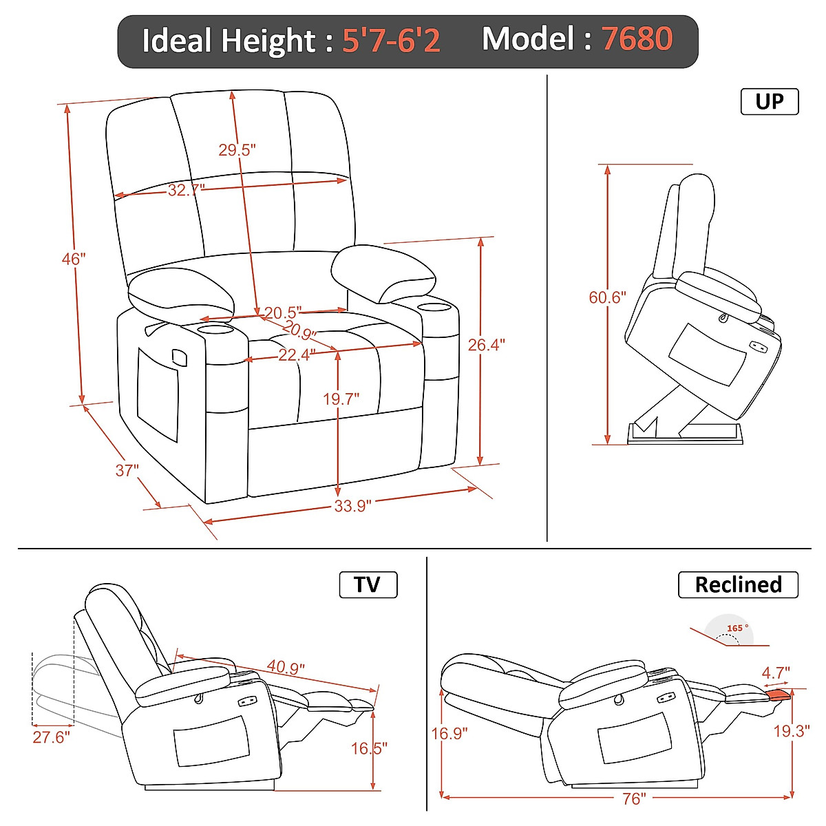 MCombo Large Lay Flat Dual Motor Power Lift Recliner Chair Sofa with Massage and Heat for Elderly People, Infinite Position, Fabric 7680 (Large-Regular, Brown)