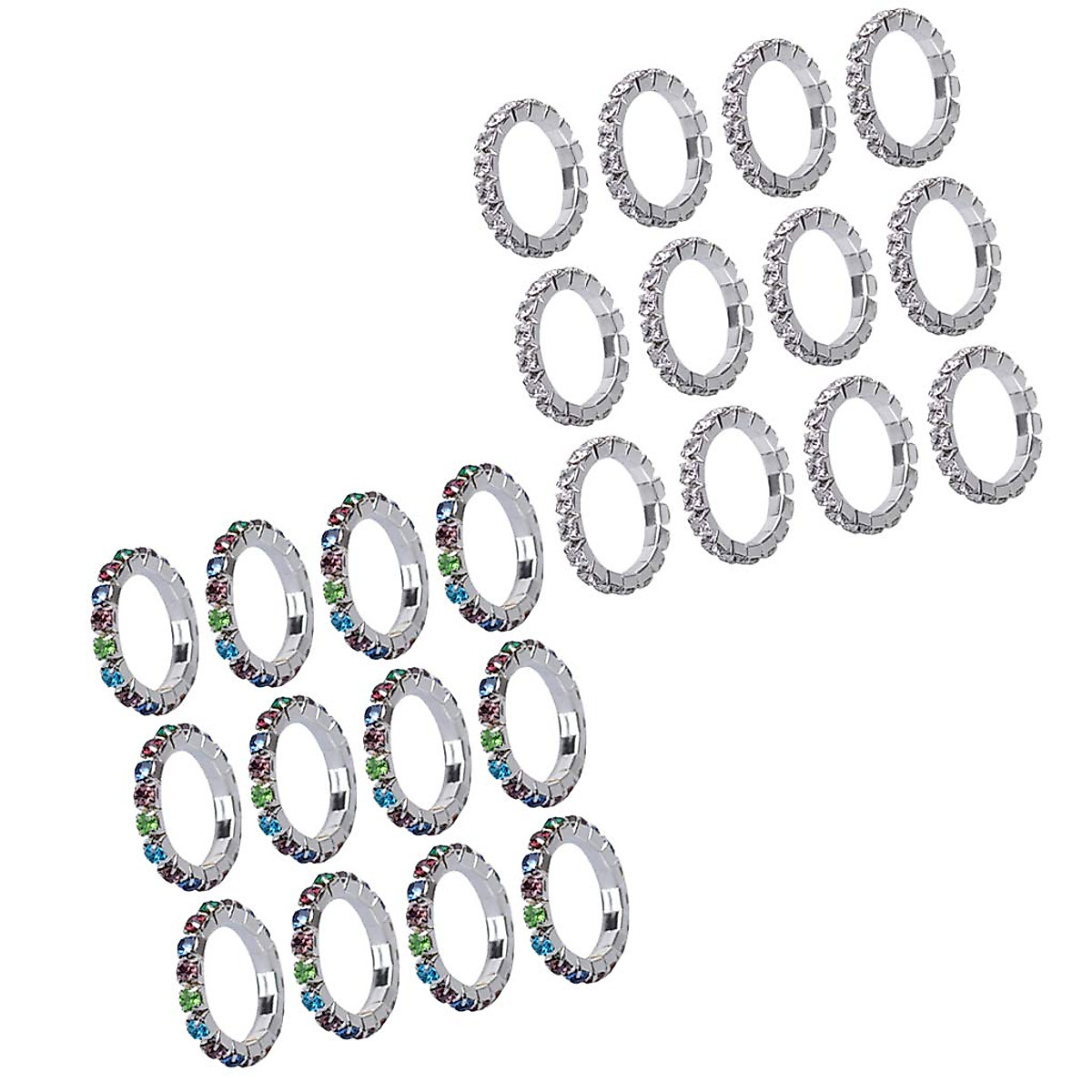 joyMerit 12pcs Women Finger Rings Sparkly Rhinestone Elastic Stretch Rings Jewelry - Silver+White
