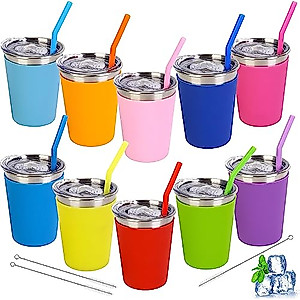 IEBIYO 10 Pack Kids Cups with Straws and Lids Spill Proof Toddlers Mugs with Colorful Silicone Sleeves Kids Stainless Steel Cups Smoothie Tumblers with Lids for Cold & Hot Drinks（12oz (10 Color)