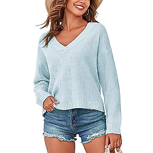 ZAFUL Oversized Sweaters for Women Sexy V Neck Long Sleeve Knit Sweater Loose Batwing Jumper Pullover Tops Blue S