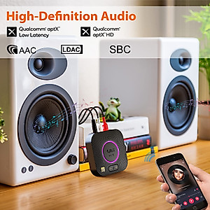 1Mii B06S+ LDAC Bluetooth 5.2 Receiver for Home Stereo Hi-Res Music Streaming, Hi-Fi Wireless Audio Adapter w/aptX HD Low Latency, Long Range Bluetooth Audio Receiver Volume Control, RCA/3.5mm Outputs