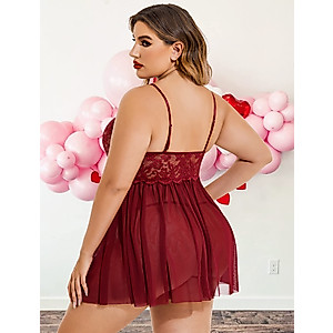 Avidlove Plus Size Lingerie for Women Valentines Day Lace Babydoll Nightgown Sexy Sleepwear Sheer Mesh Nightwear Dark Red