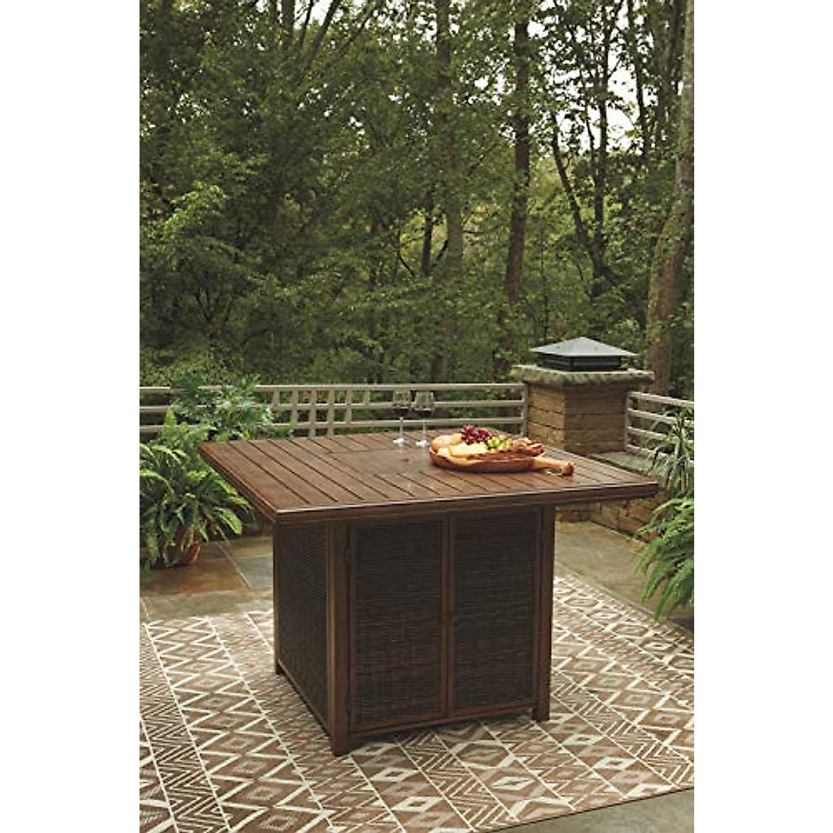 Signature Design by Ashley Paradise Trail Square Bar Table with Fire Pit, Medium Brown
