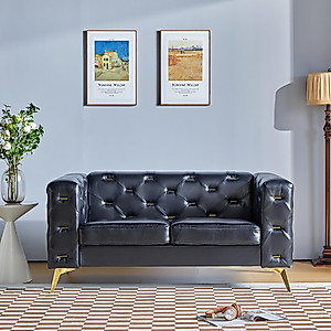 LEVNARY Black Leather Couch Loveseat, Modern Button Tufted Upholstered 2 Seater Couch, Comfy Chesterfield Sofa Couches for Living Room Bedroom Office (Black)