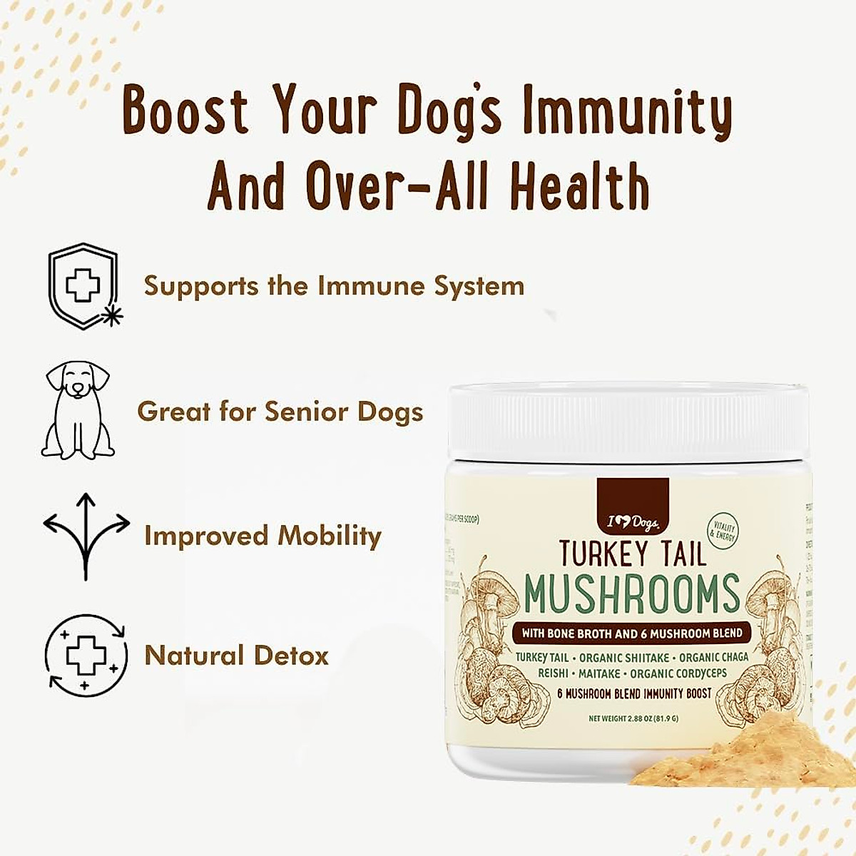 iHeartDogs Turkey Tail Mushroom for Dogs with Bone Broth and 6 Mushroom Blend Powder - Mushroom Supplement for Dogs