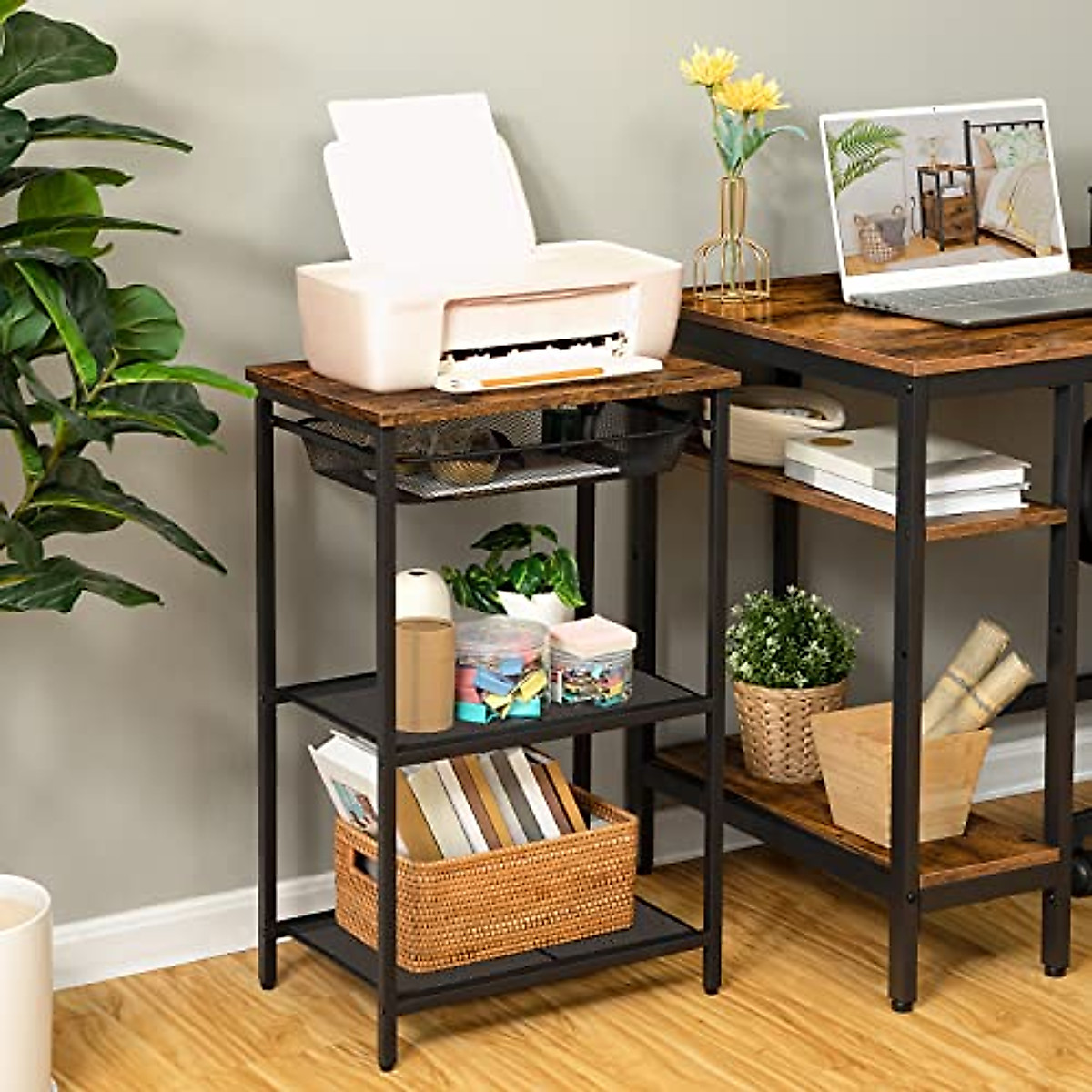 HOOBRO Tall Side Table, Industrial End Table with Adjustable Metal Mesh Basket, Telephone Table with Storage Shelf for in Bedroom, Living Room, Hallway, Easy Assembly, Rustic Brown BF02DH01