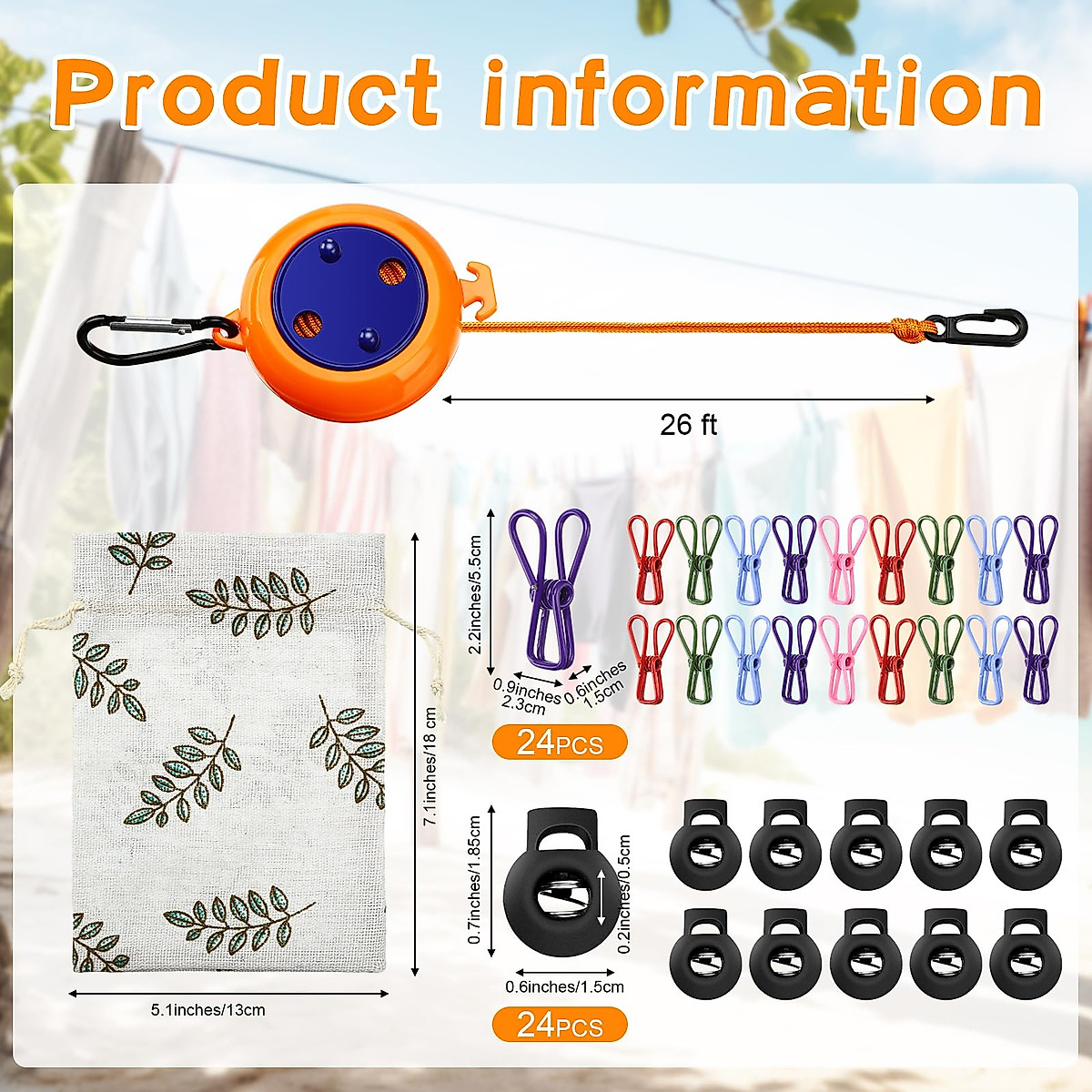 Windyun Portable Travel Clothesline Cord Adjustable 26ft Camping Clothes Line Laundry Drying Rope with 24 Colorful Windproof Clothespins 24 Stoppers 1 Storage Bag for Hotel Trip Cruise Outdoor Indoor