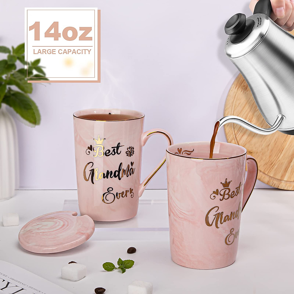 Grandma Gifts - Birthday Gifts for Grandma - Best Grandma Ever Mug - Unique Birthday Mothers Day Gifts Ideas for Grandma, Grandmother - Marble Ceramic Grandma Coffee Mug Print with Gold 14oz Pink