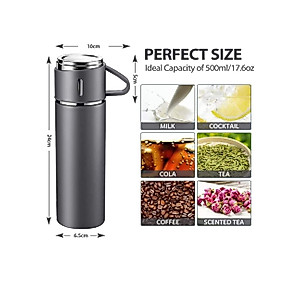 Stainless Steel Thermo 500ML/16.9oz Flask Double Wall Sports Bottle Vacuum Insulated for Coffee Hot Drink and Cold Drink Water Flask with 2 Cups(Gray,Set)