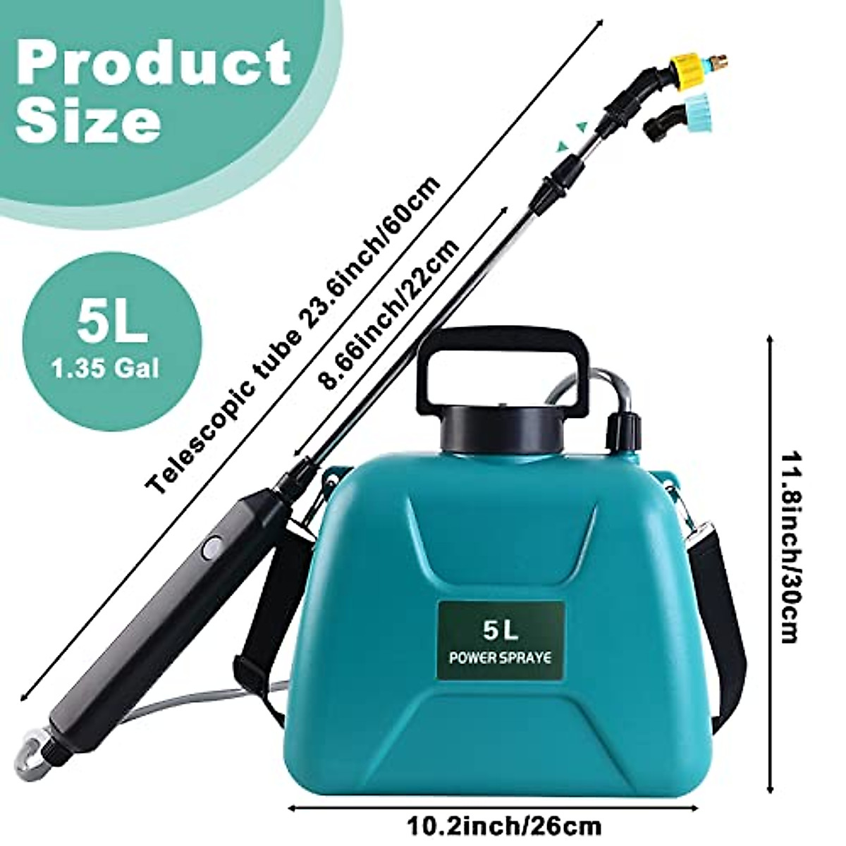 Battery Powered Sprayer, Sprayers in Lawn and Garden with USB Rechargeable Handle, Electric Sprayer with Telescopic Wand 2 Mist Nozzles and Adjustable Shoulder Strap, Potable Garden Sprayer for Garden
