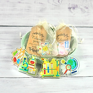 BUYWUMORE Science Party Favors 12 Sets with Keychains Thank You Kraft Tags and Organza Bags for Scientist Theme Birthday Party Classroom Rewards School Party Supplies
