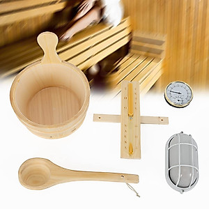 Wooden Sauna Bucket with Ladle Sauna Accessories with Hourglass Thermometer Explosion-Proof Lamp Plastic Liner 5Pcs Sauna Starter Set for Sauna Spa