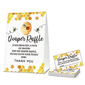 ONDTOM Bee Baby Shower Party Game Diaper Raffle Standing Sign With 50 Cards, Mommy To Bee Themed Card Honeycomb Bumble Bee Baby Shower Decor, Baby Gender Reveal Party Game(5"x7") - diaper-C01