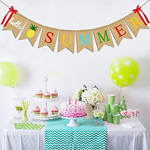 JOZON Hello Summer Burlap Banner Jute Summer Bunting Banner Garland Pineapple Summer Decorations for Holiday Party Mantel Fireplace Wall Hawaiian Party Supplies Decors