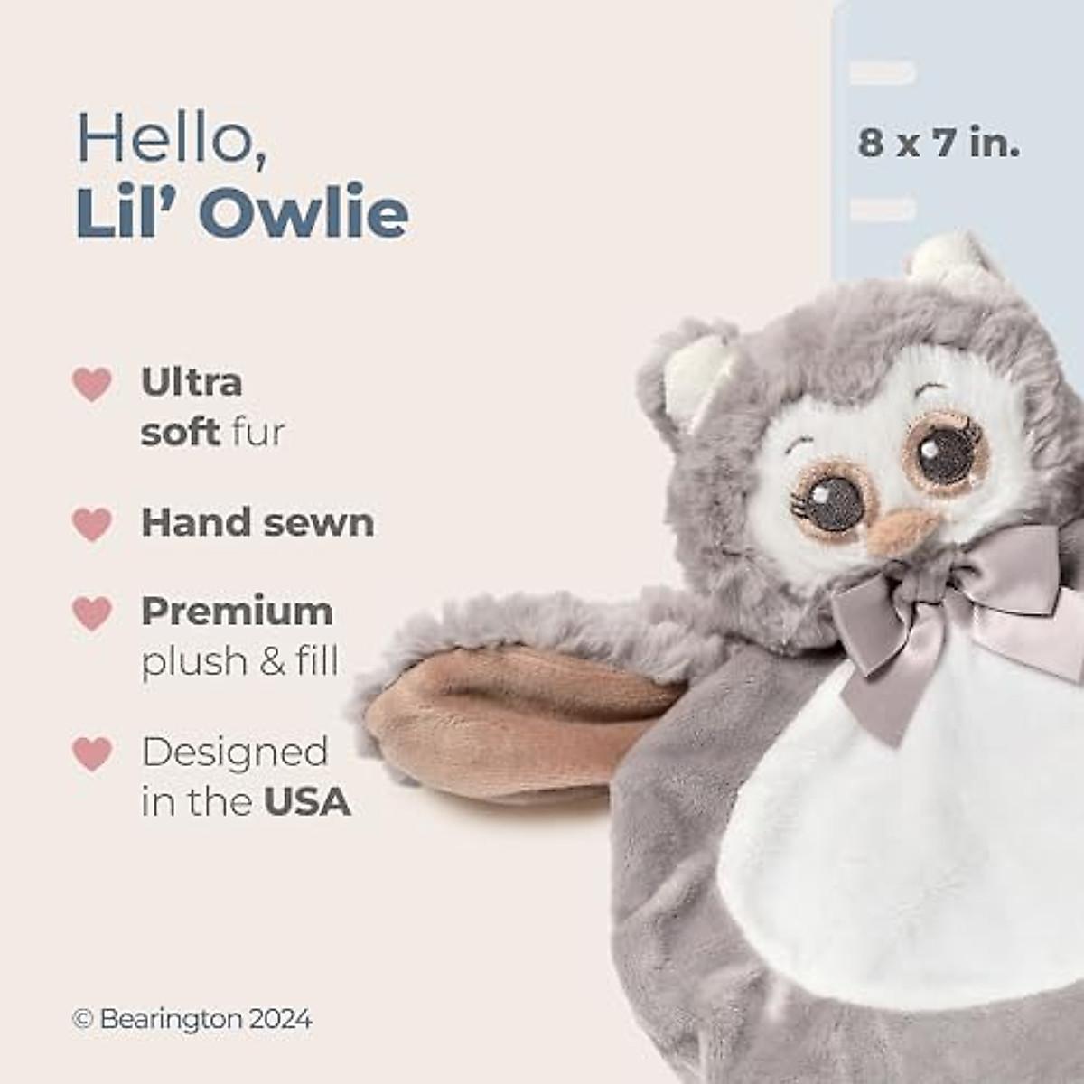 Bearington Baby Wee Owlie, 8 x 7 Inch Small Gray Owl Stuffed Animal, Woodland Nursery Decor, Security Blanket Lovey for Babies