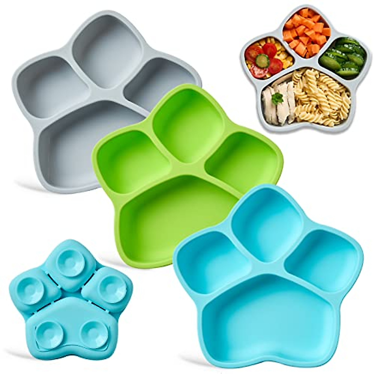 HEYTUYA 3 Pack Suction Plates for Baby & Toddler, 100% Food-Grade Silicone, 4 Divided Design, Microwave & Dishwasher Safe